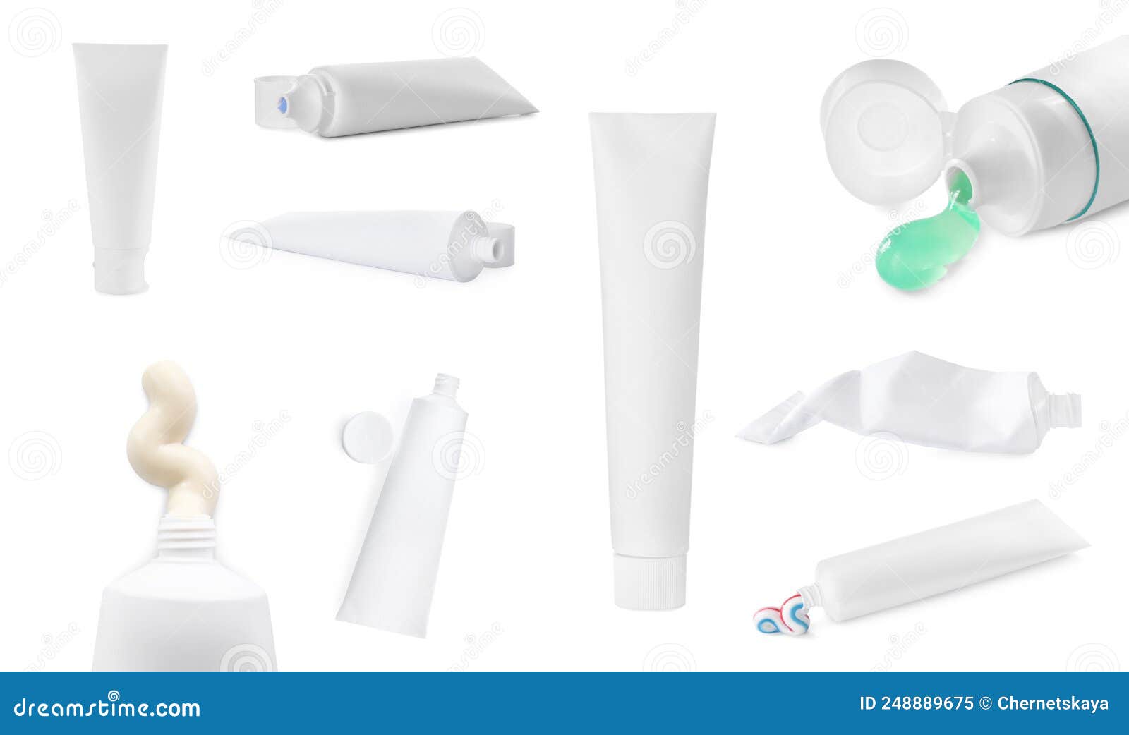 Collage with Different Toothpastes on White Background Stock Image ...