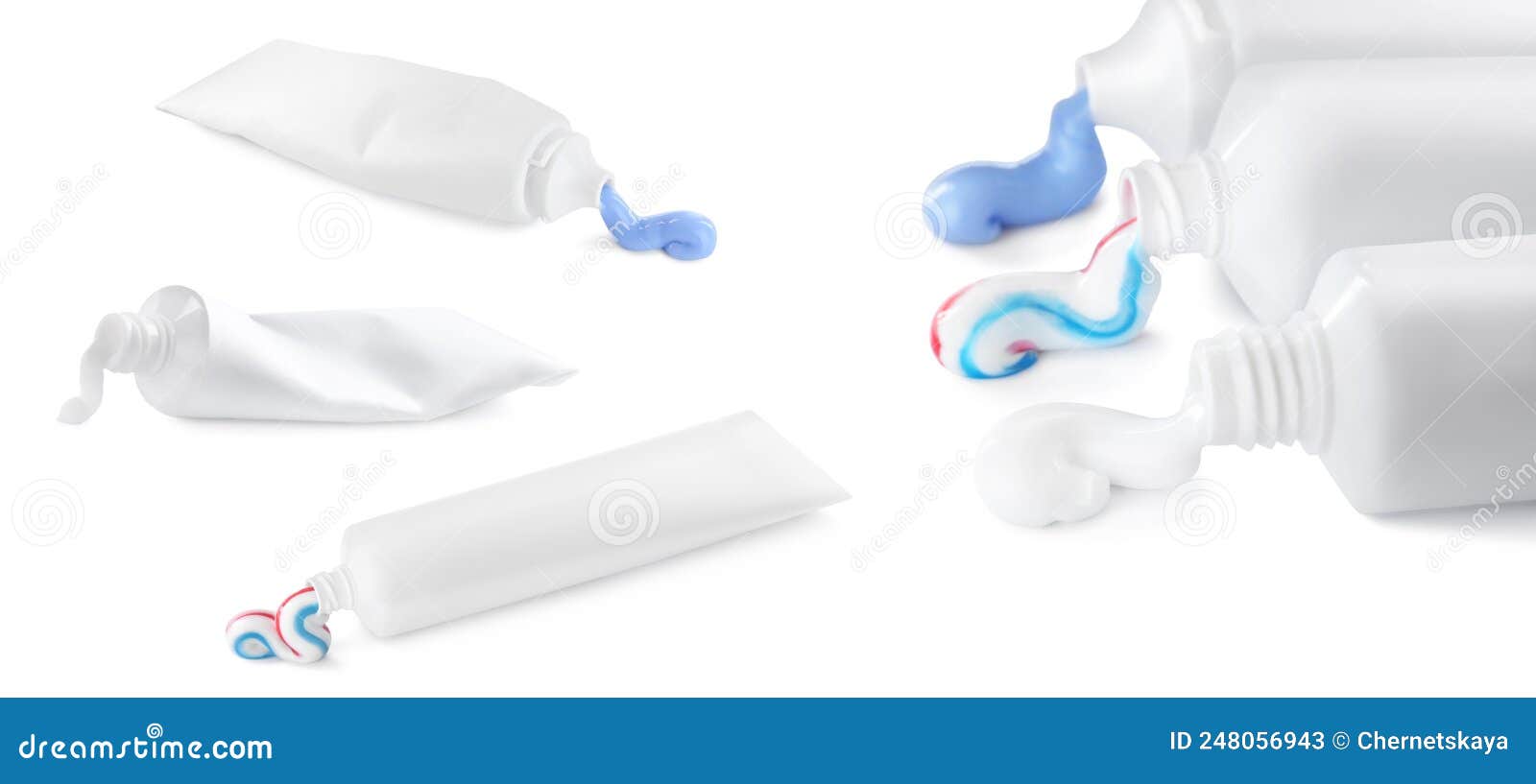 Collage With Different Toothpastes On White Background. Banner Design ...