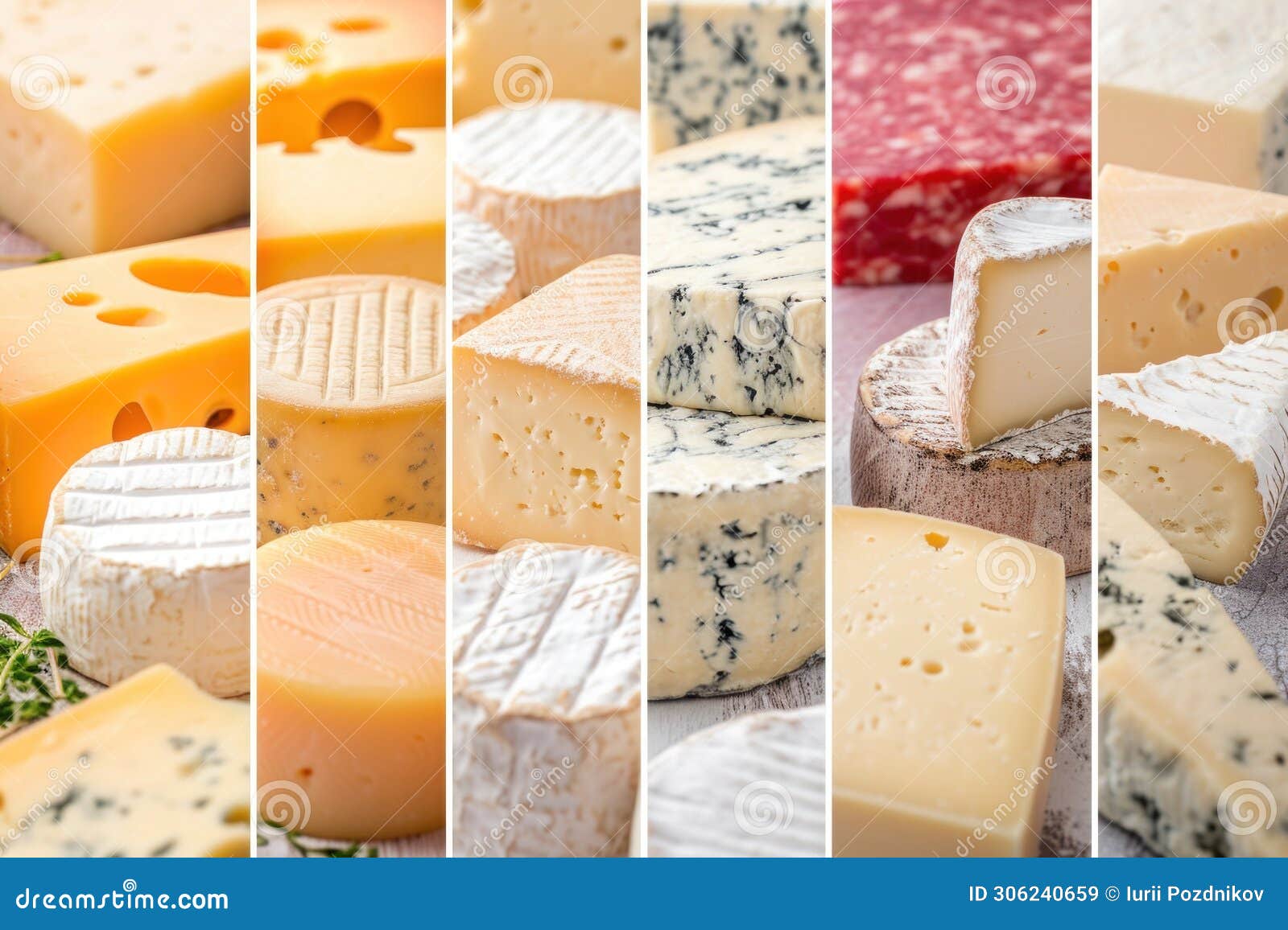 Collage of Different Types of Cheese with Vertical Dividers Stock Image ...