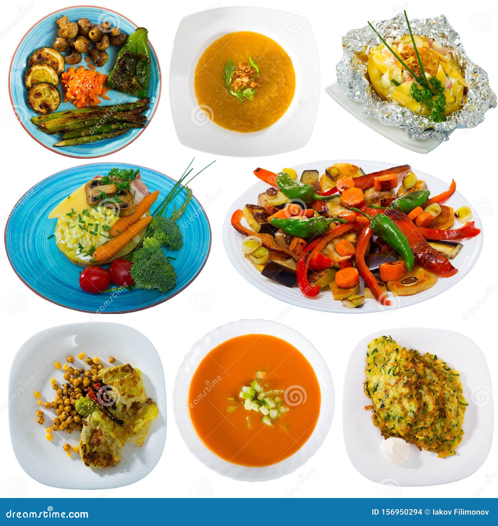 Collage of Different Types Dishes with Vegetables Isolated on White ...