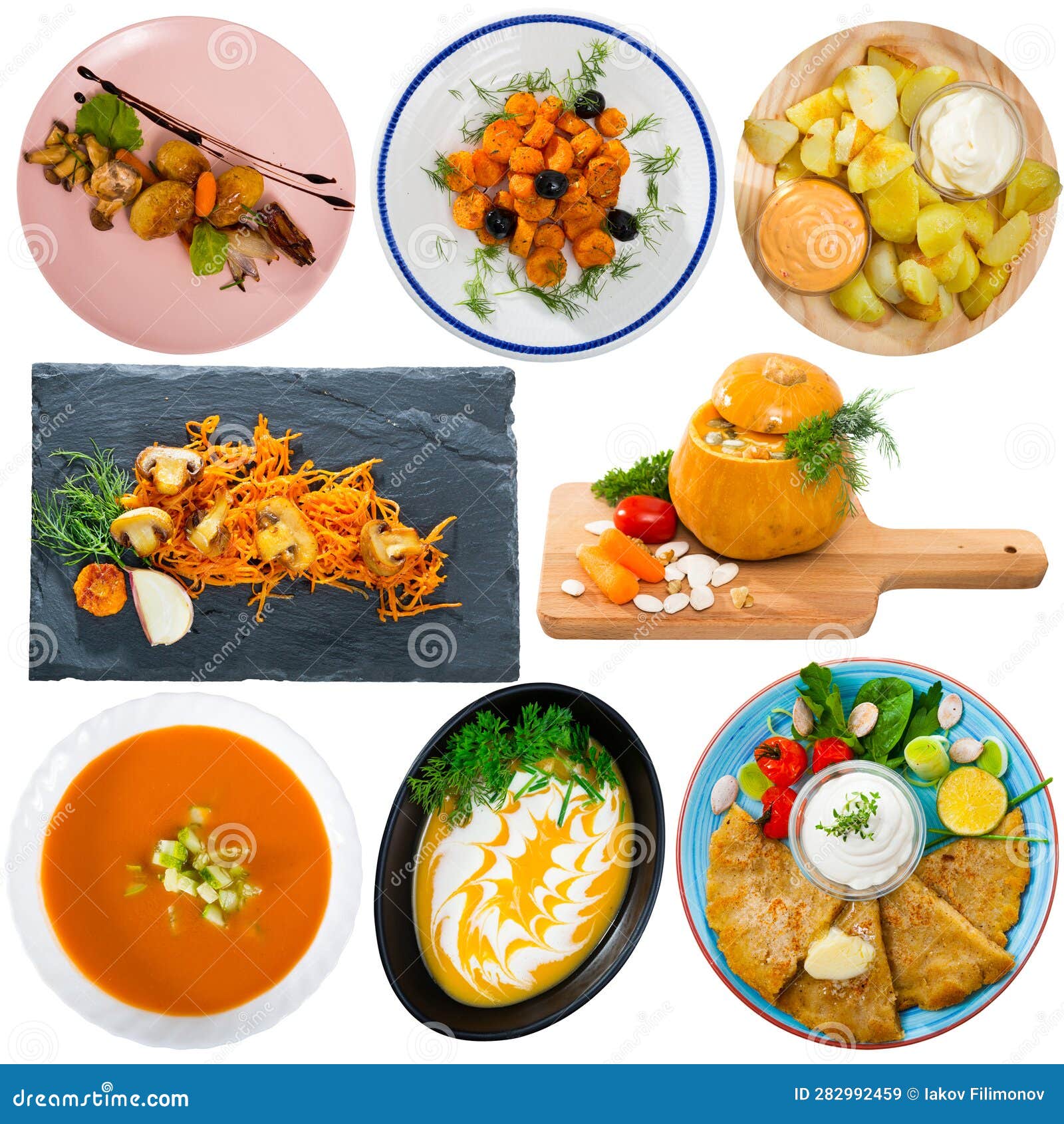 Collage of Different Types Dishes with Vegetables Isolated on White ...