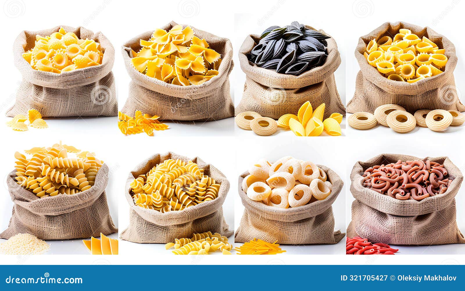 Collage of Different Types of Italian Pasta in Bags on White Background ...