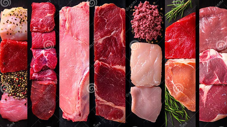 A Collage of Different Types of Raw Meat Including Beef, Pork, Chicken ...