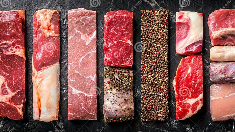 A Collage of Different Types of Raw Meat Including Beef, Pork, Chicken ...