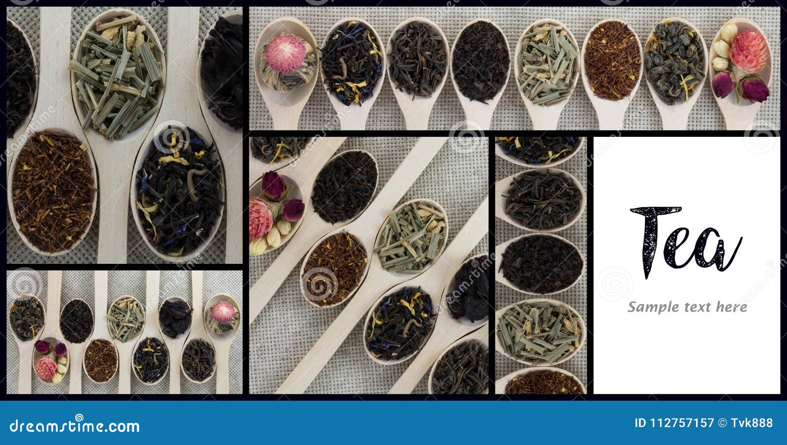 Collage of Different Varieties and Types of Tea in Wooden Spoons Stock ...