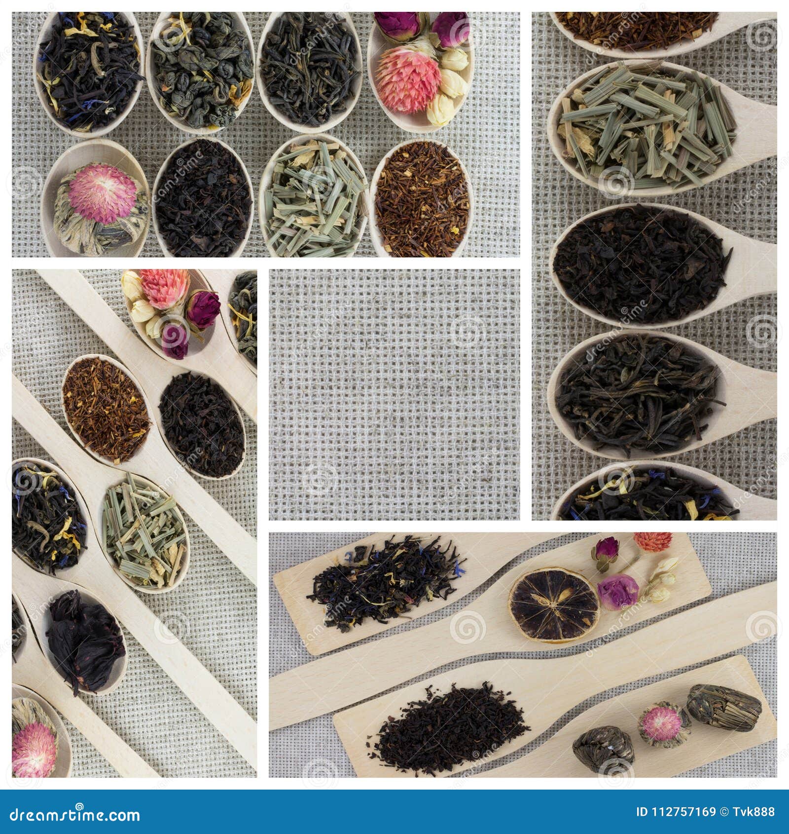 Collage of Different Varieties and Types of Tea in Wooden Spoons Stock ...