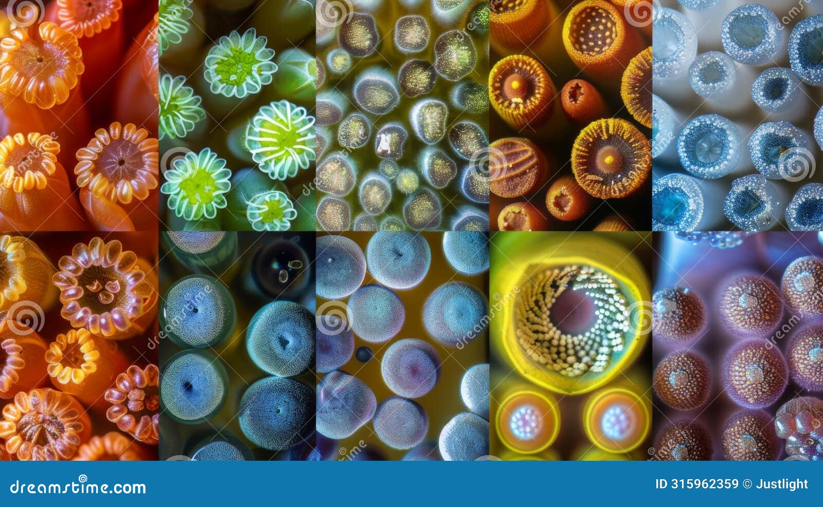A Collage of Diverse Pollen Grains Captured through a Microscope ...