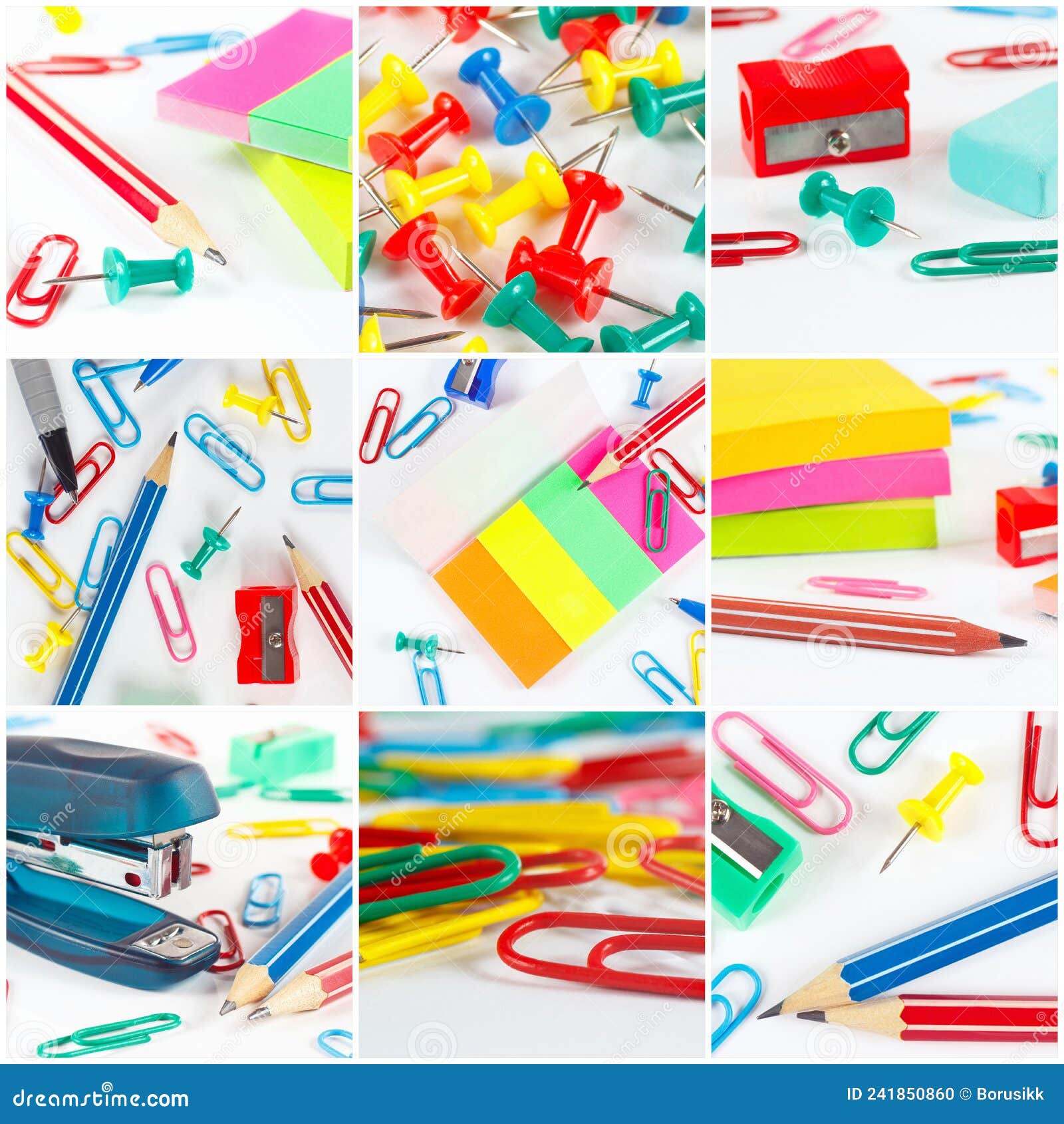 Collage of Diverse Stationery Tools on White Desktop Stock Photo ...