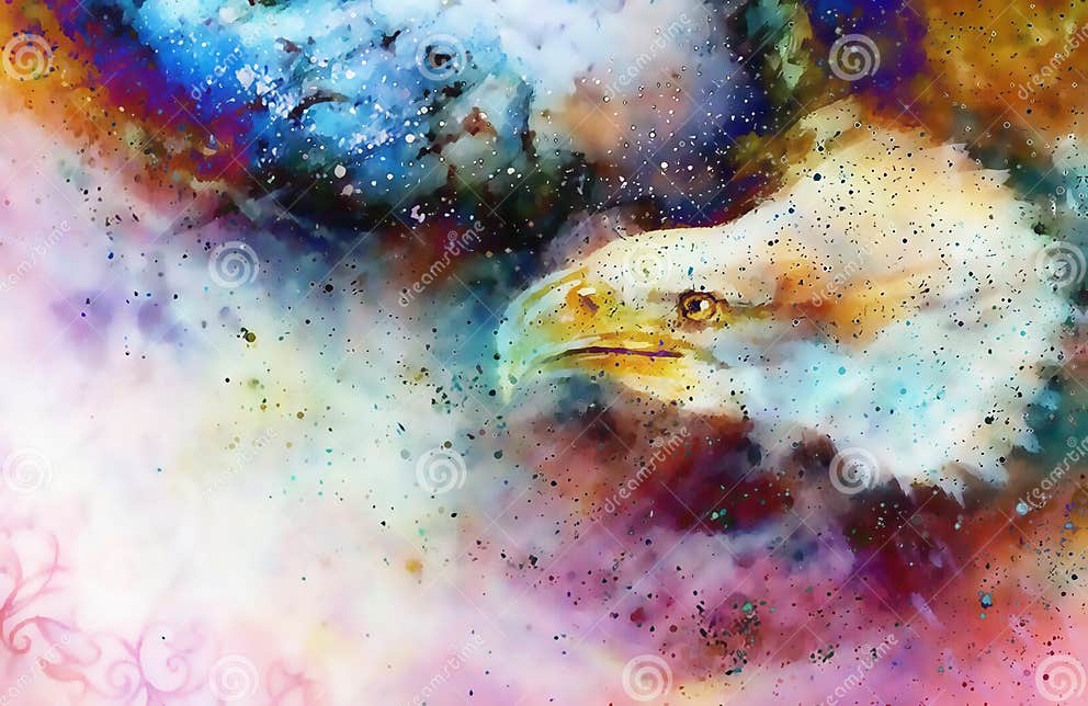 Collage with Eagle Head and Ornaments on Multicolor Abstract Background ...
