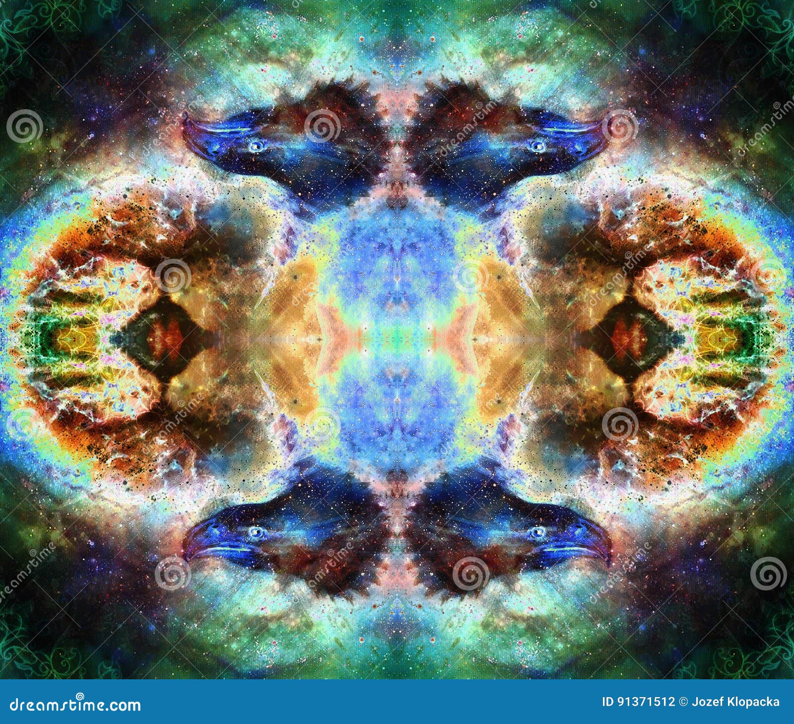 Collage with Eagle Head and Ornaments on Multicolor Abstract Background ...