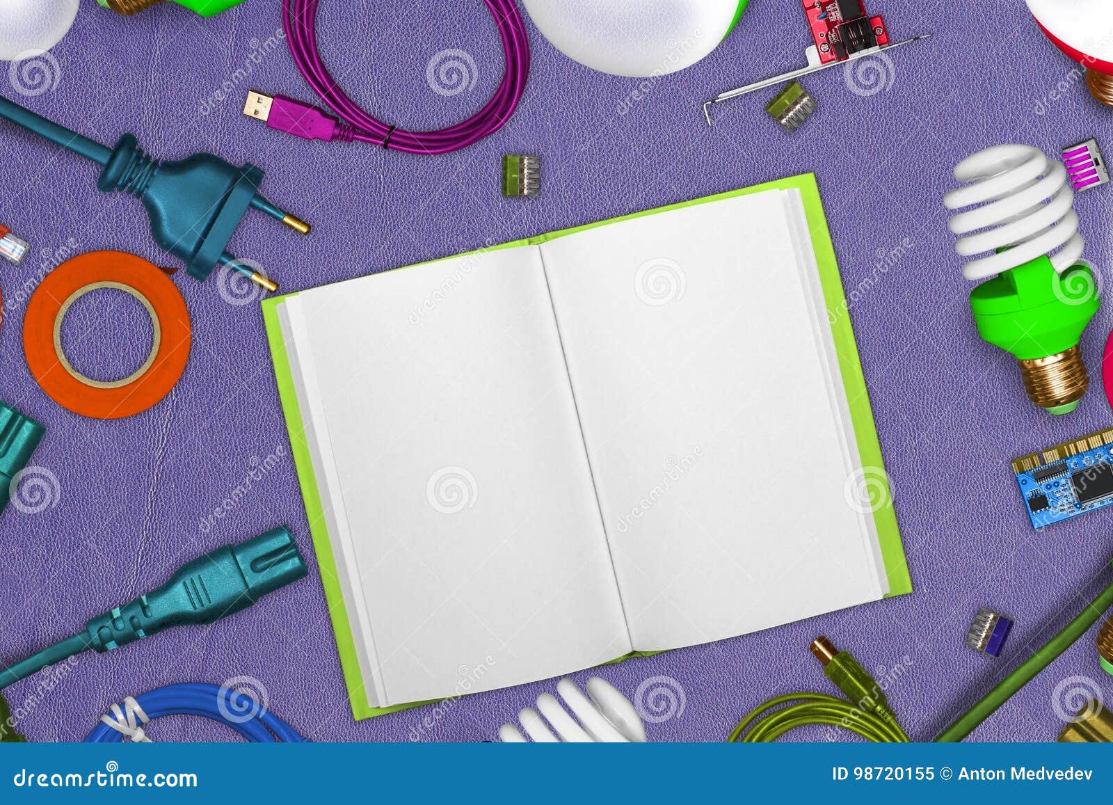 Collage of Electric Tools on Leather with Opened Notepad Pages and Lan ...