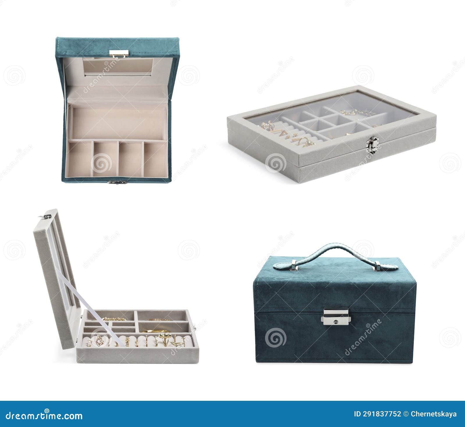 Collage with Elegant Jewelry Boxes Isolated on White, Different Angles ...