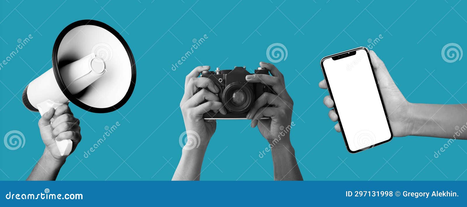 Collage Element with Hands and Cut Out Figures with Camera, Megaphone ...