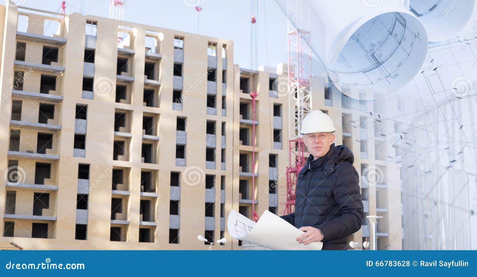 Collage with Engineer on a Construction Site with Cranes Stock Photo ...