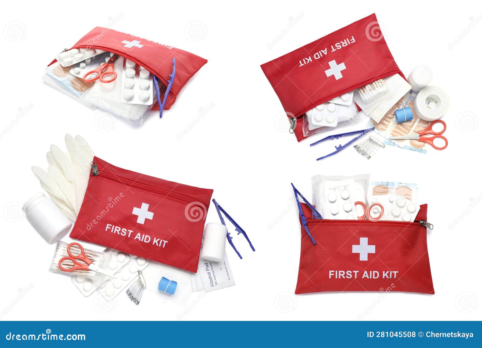 Collage with First Aid Kit on White Background, Top and Side Views ...