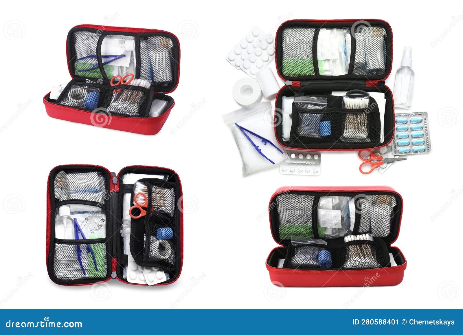 Collage with First Aid Kit on White Background, Top and Side Views ...