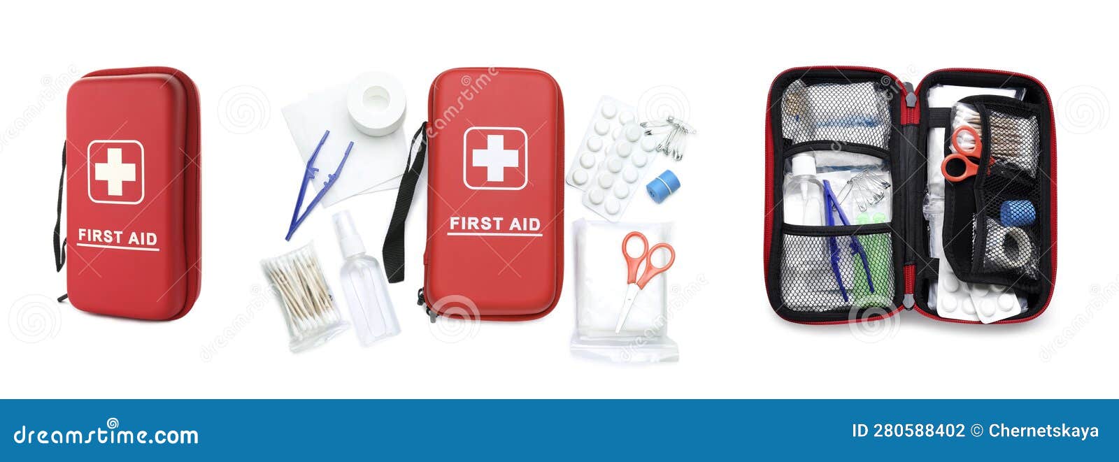 Collage with First Aid Kit on White Background, Top and Side Views ...