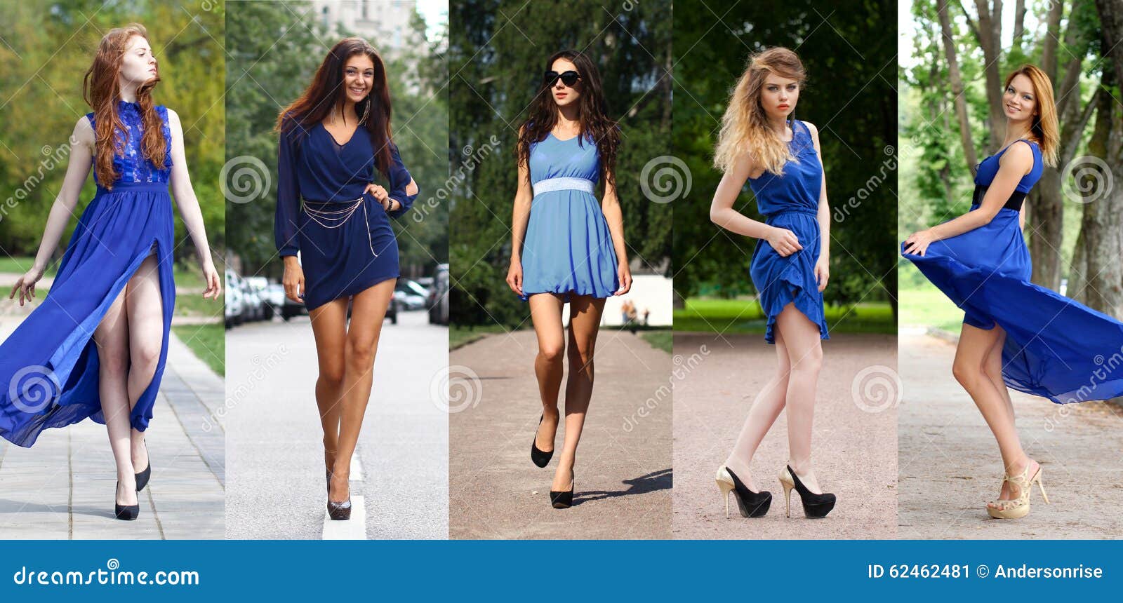 Collage of Five Beautiful Models in Blue Dress Stock Image - Image of ...