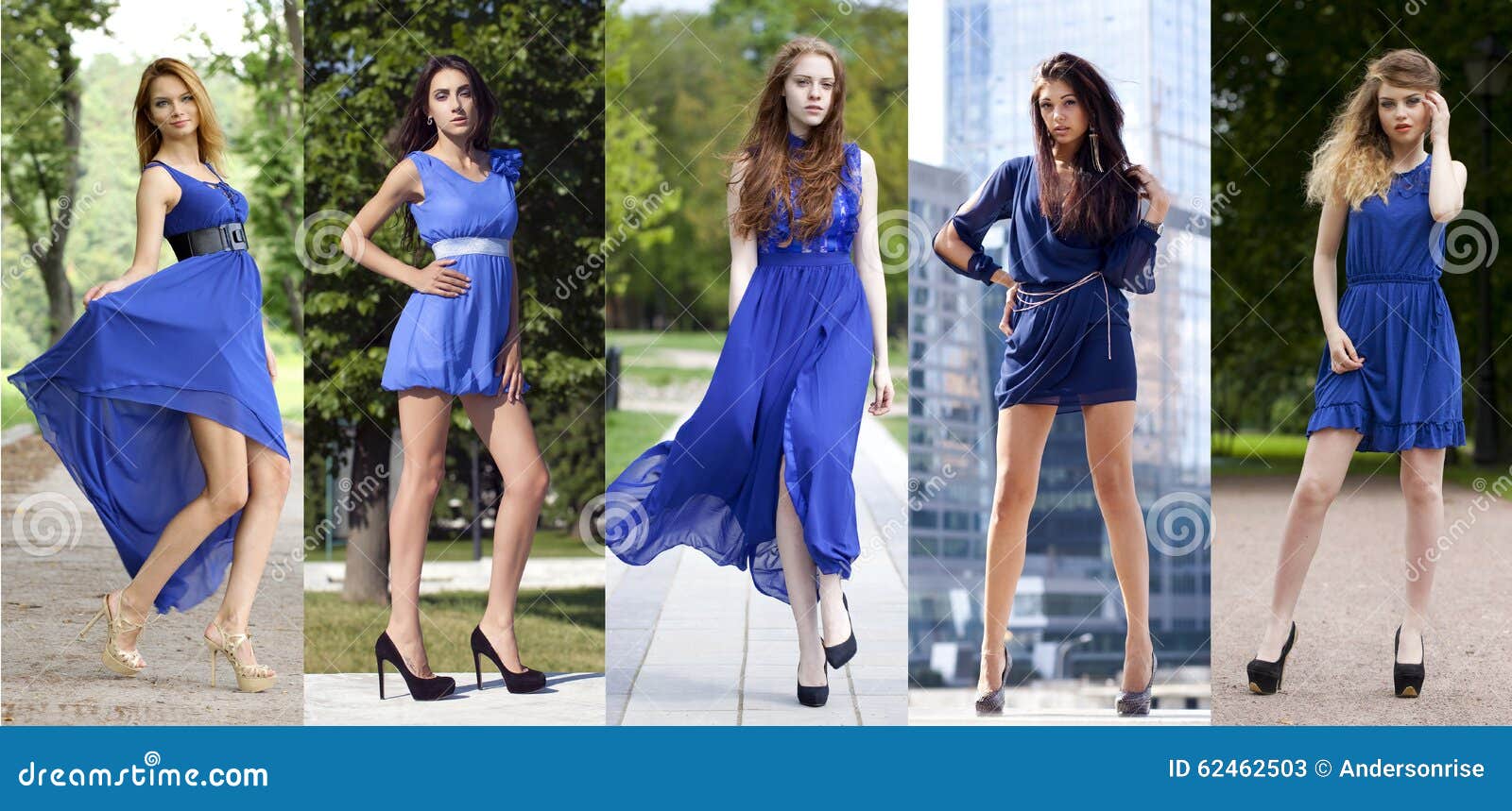 Collage of Five Beautiful Models in Blue Dress Stock Image - Image of ...