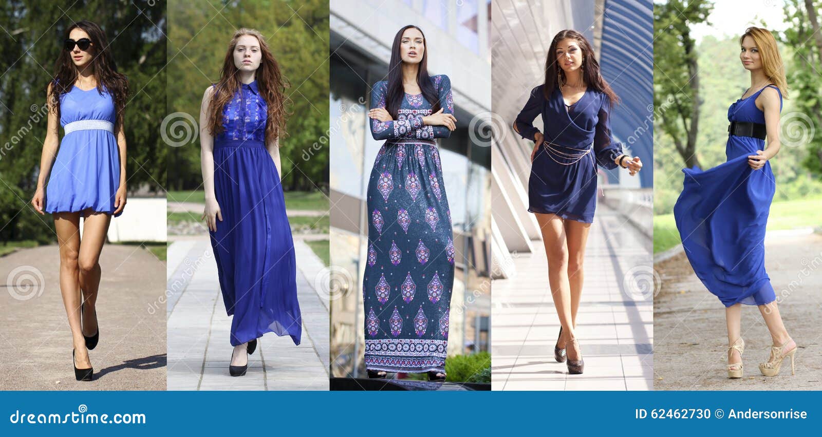 Collage of Five Beautiful Models in Blue Dress Stock Photo - Image of ...