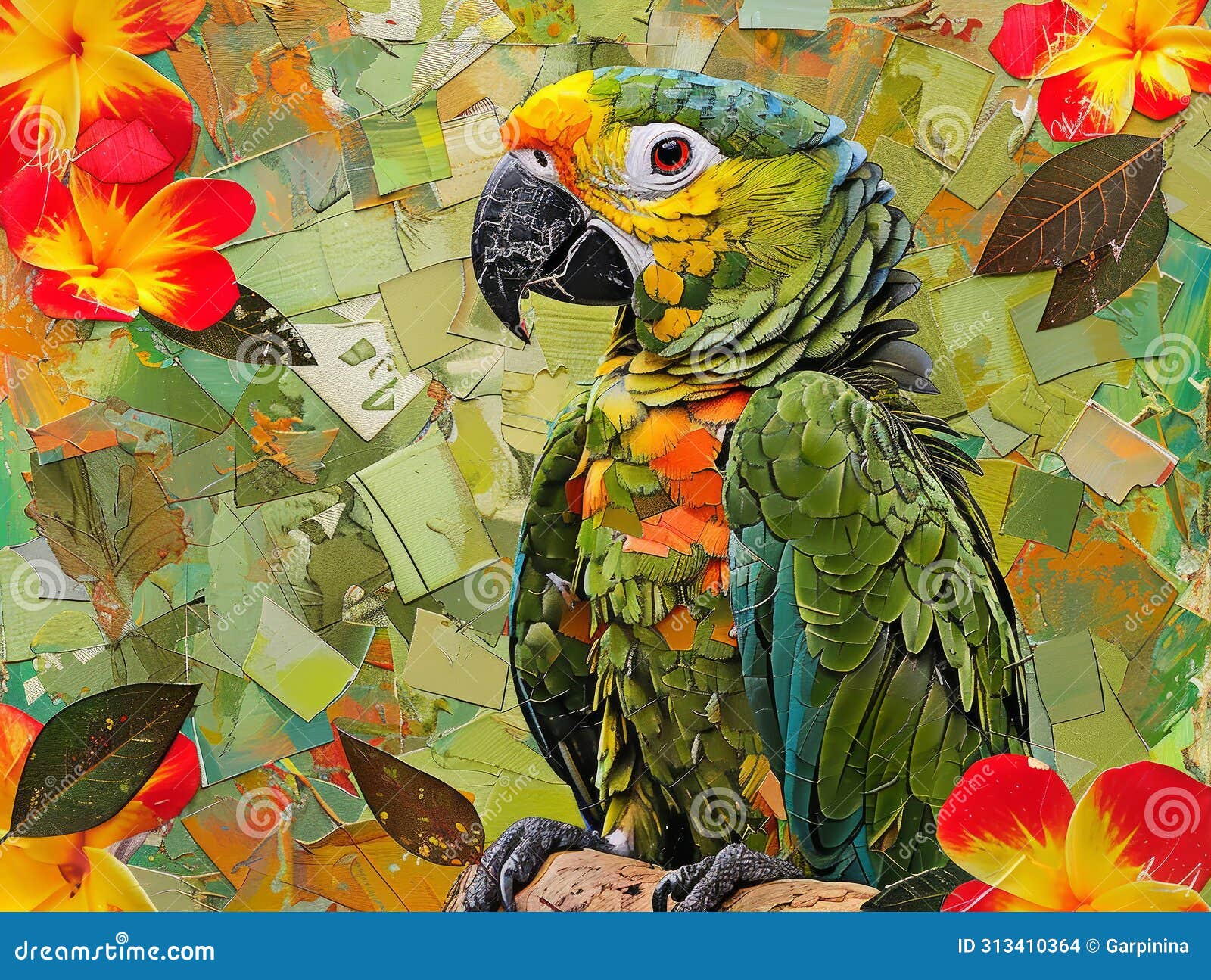 Collage of Flowers and Leaves and Retro Style Parrots for Striking ...
