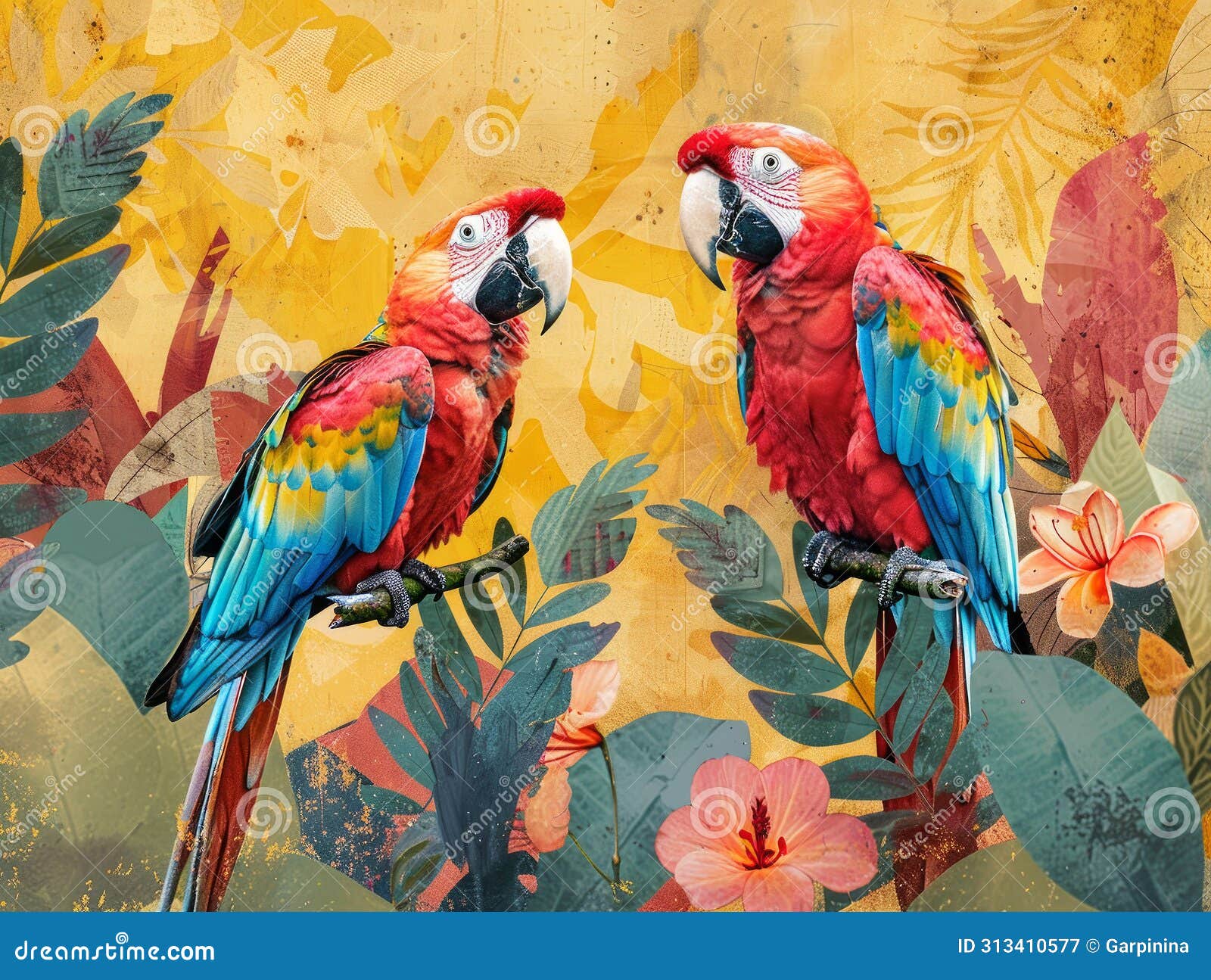 Collage of Flowers and Leaves and Retro Style Parrots for Striking ...
