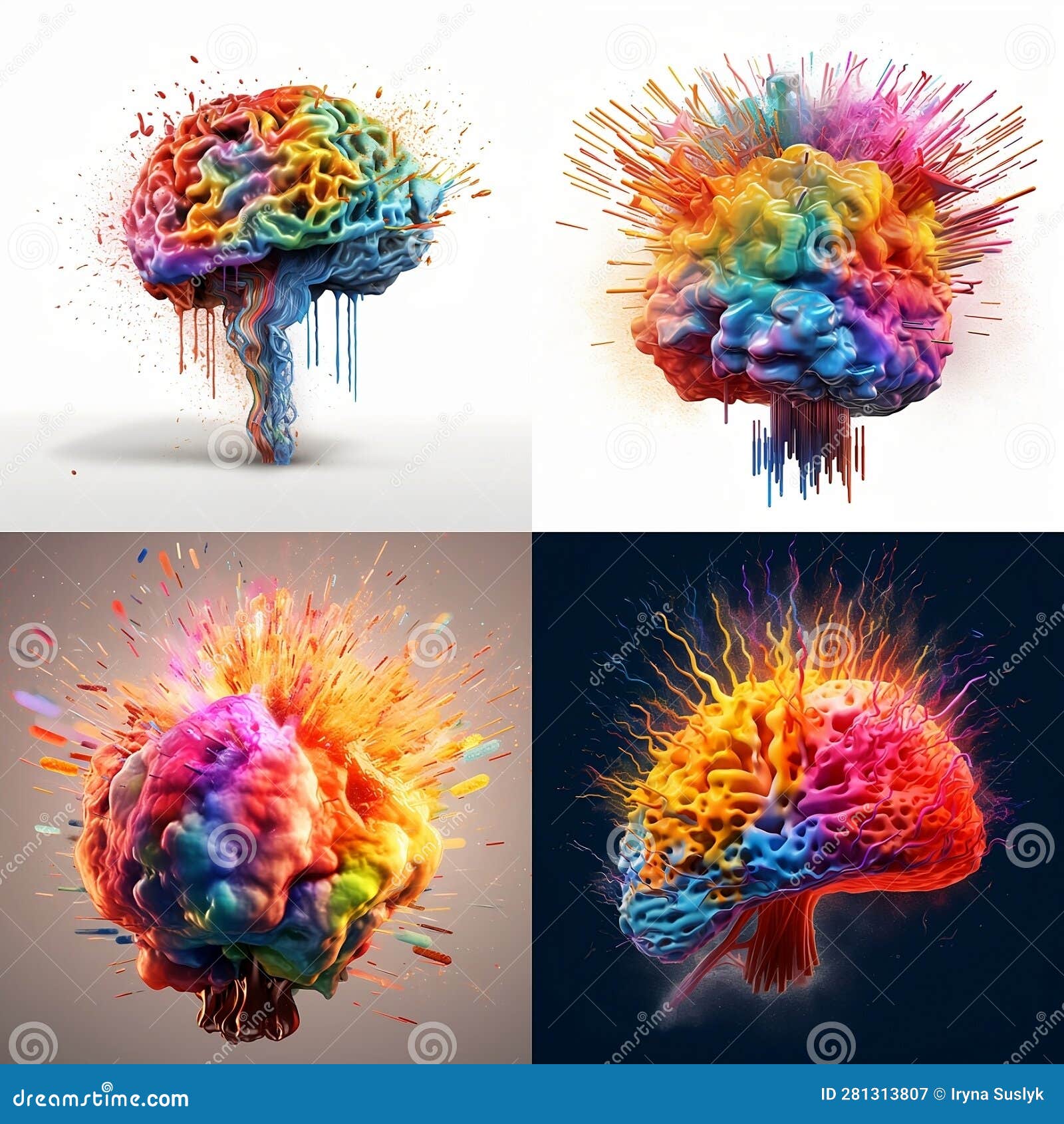 A Collage of Four Different Rainbow-colored Creative Brains Explodes ...