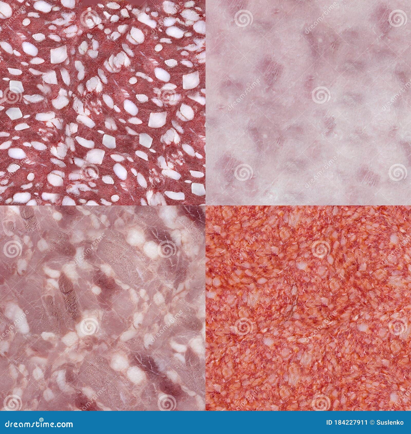 Collage of Four Textures of Different Sausages and Ham Stock Image ...