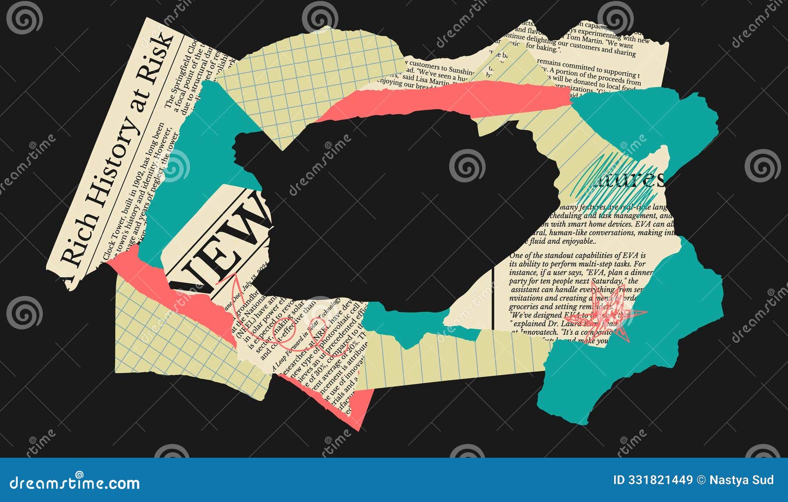 Collage Frame Board Background with Cut Piece Torn Paper Newspaper with ...