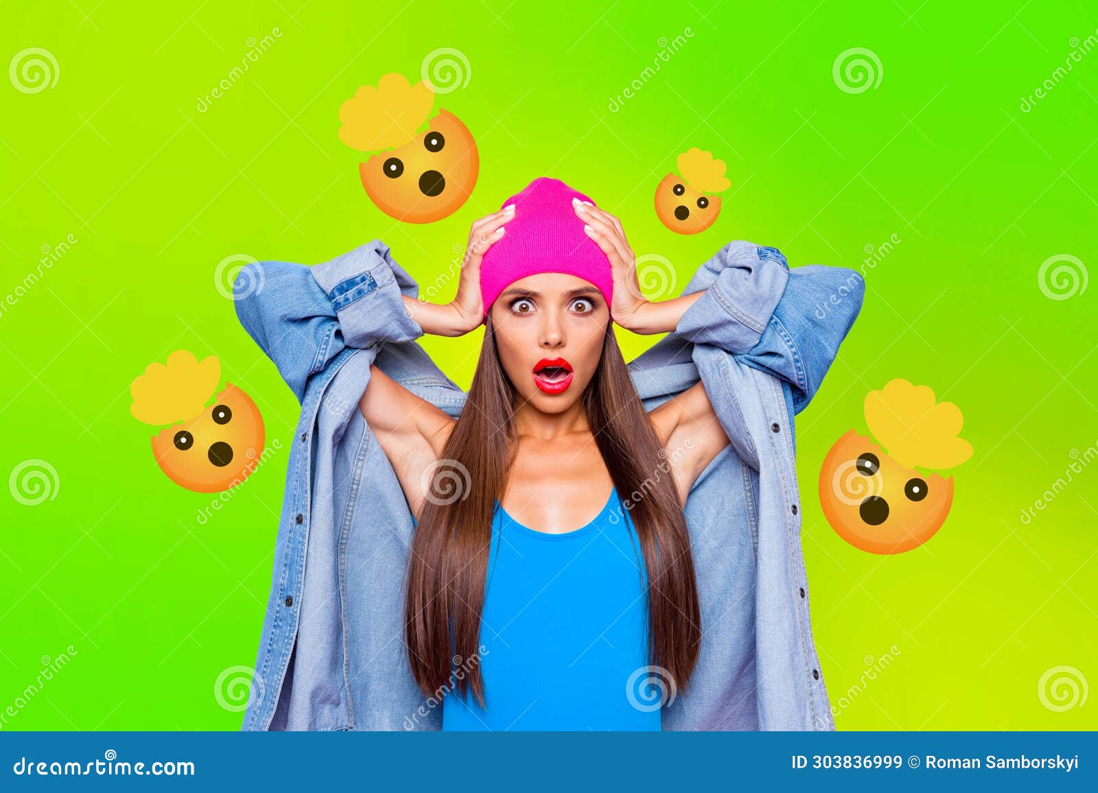 Collage Funny Cute Pretty Young Girl Make Face Expression Omg Wow Astonished Reaction Emoji