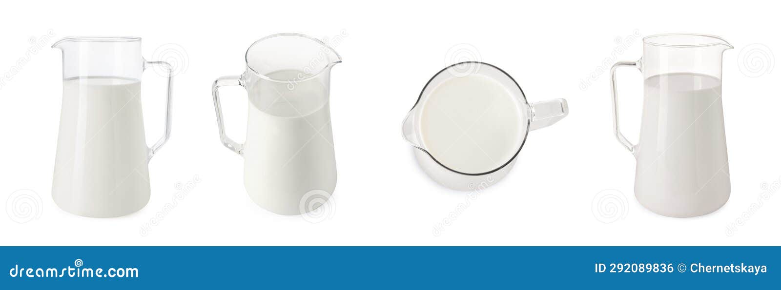 Collage with Glass Pitcher of Milk Isolated on White, Different Angles ...