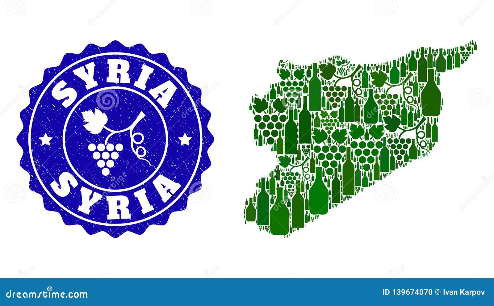 Collage of Grape Wine Map of Syria and Grape Grunge Stamp Stock Vector ...