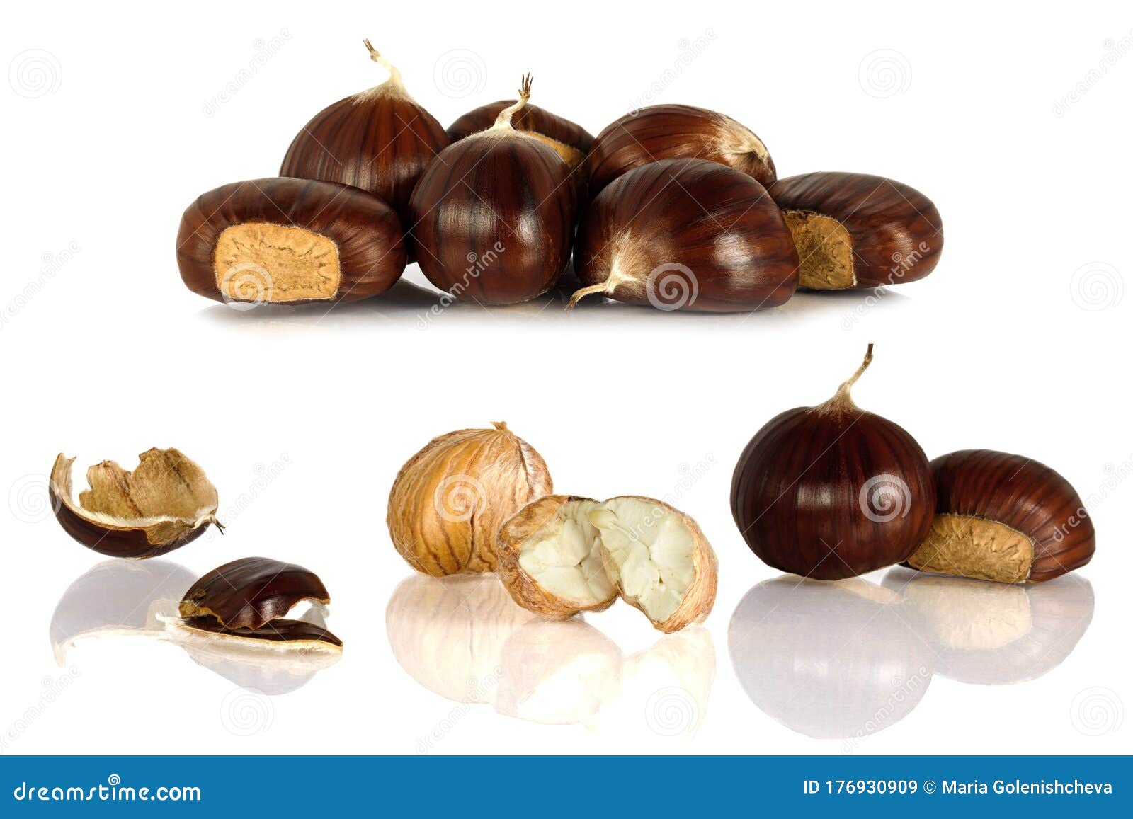 Collage. Group of Sweet Chestnuts Isolated on White Background Stock ...