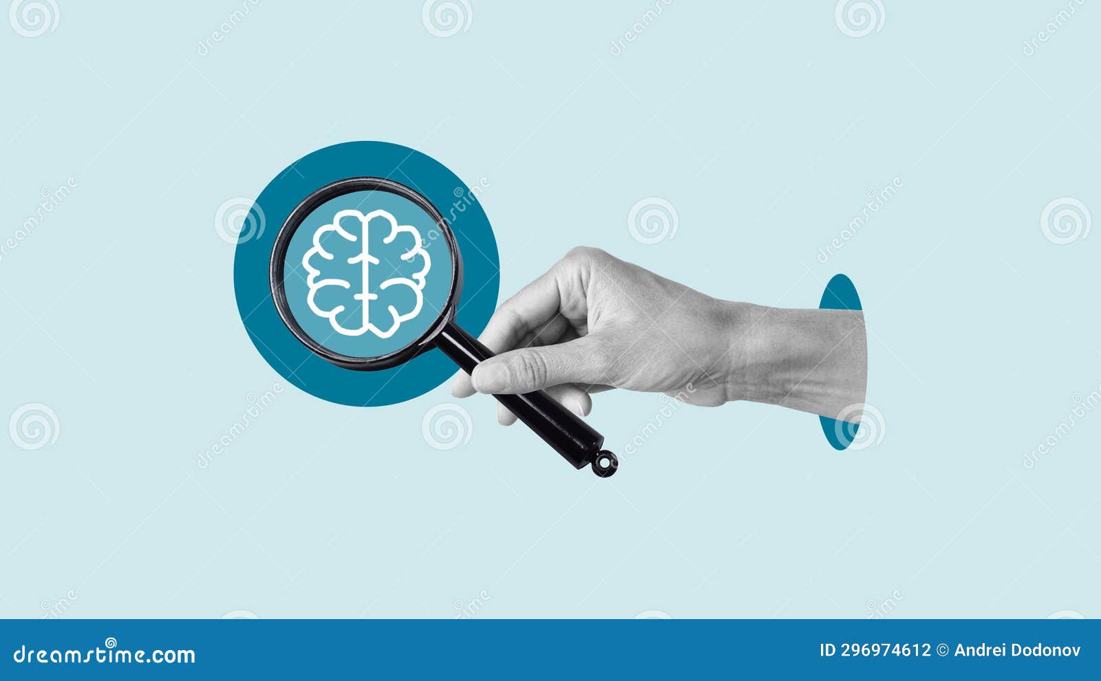 Collage with Hand with Magnifying Glass Analyzing Brain. Brainstorming ...