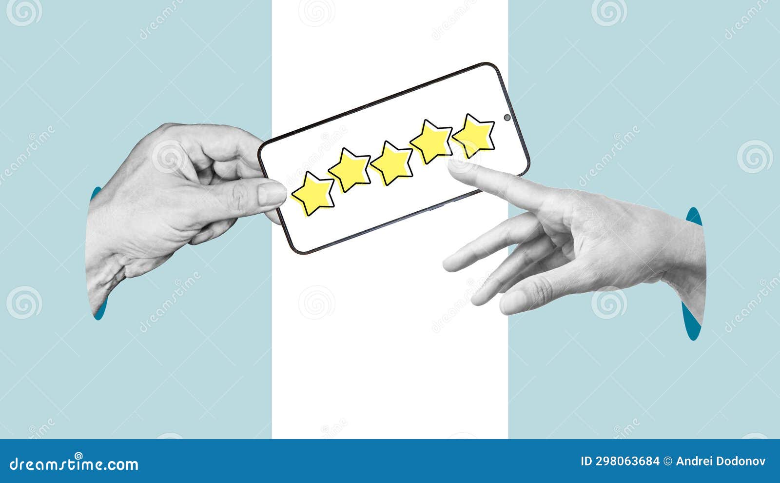 Collage with Hand Putting a Rating on the Smartphone. Customer Feedback ...