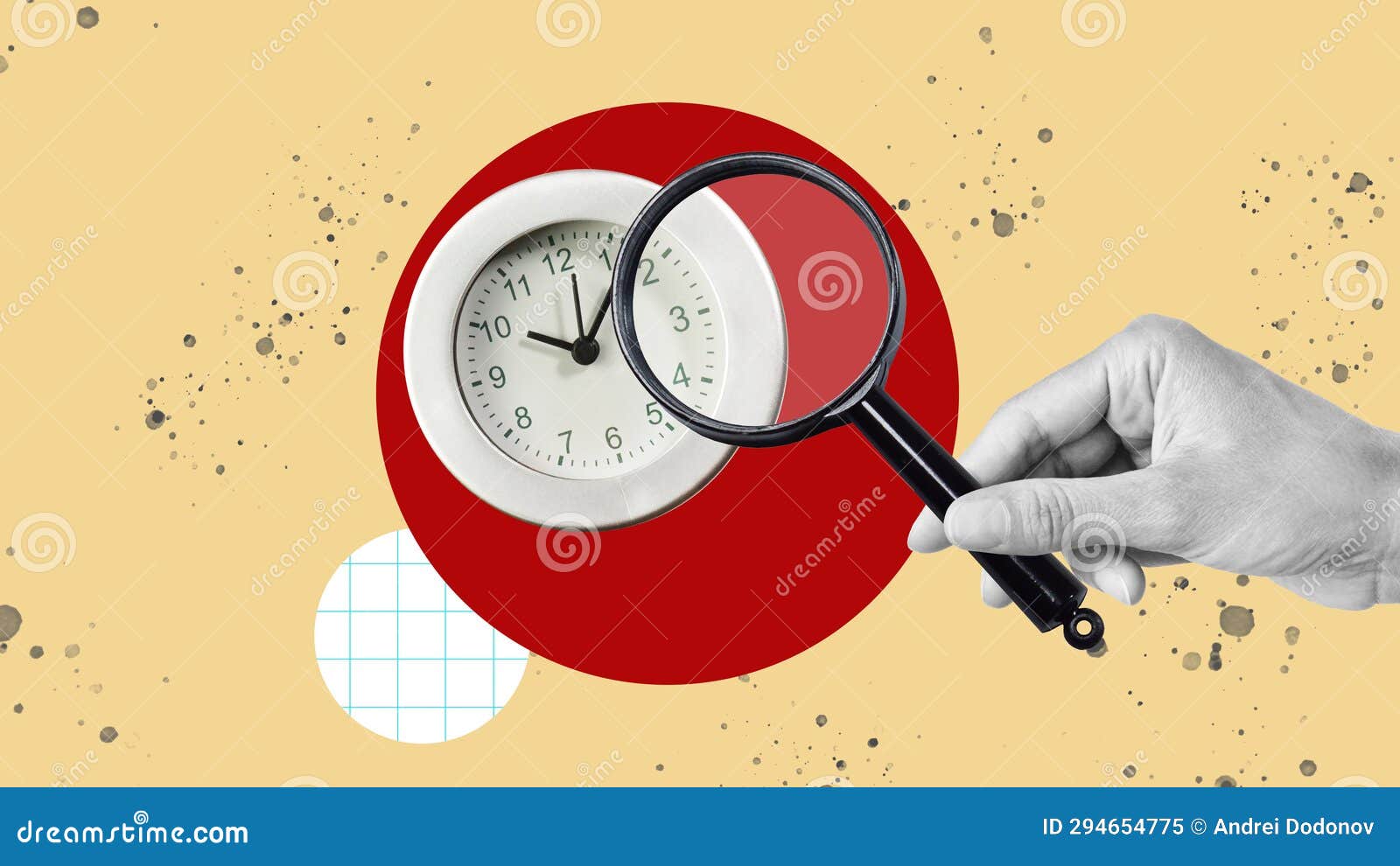 Collage with Hand Researching the Time with Clock Using the Magnifying ...