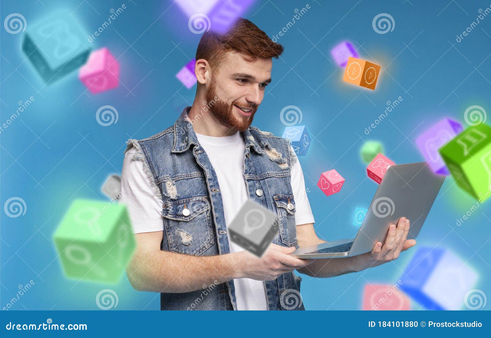Collage of Handsome Guy Working on Laptop Computer and User Interface ...