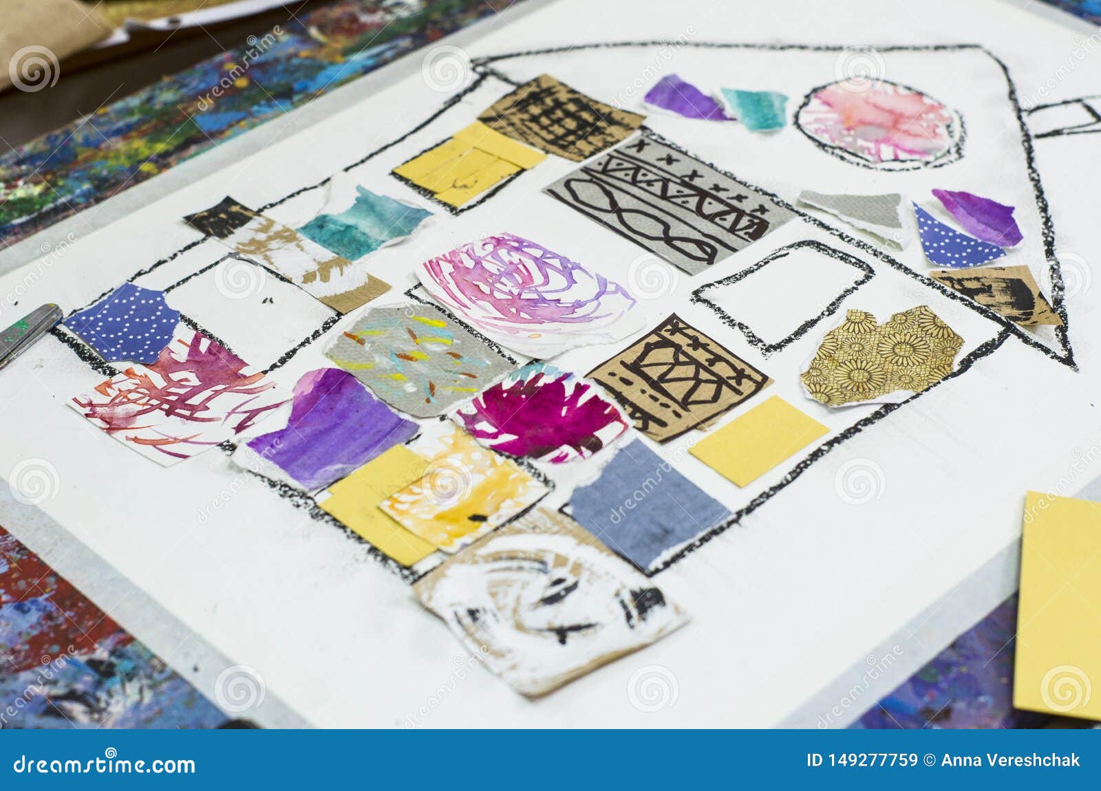 A Collage House with a Variety of Drawn and Graphic Textures Stock ...