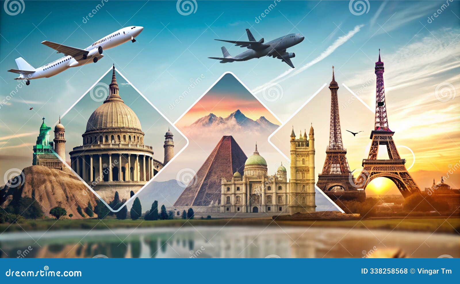 Collage of Iconic Landmarks and Airplanes, Symbolizing Travel and ...