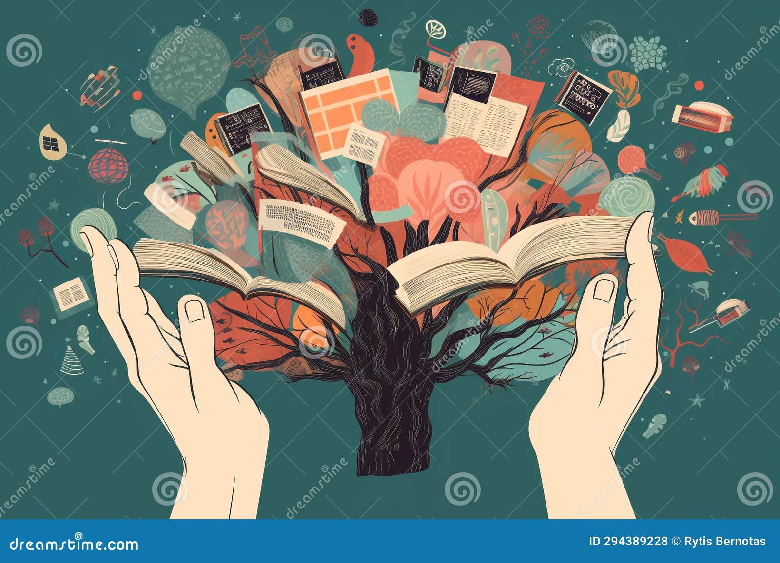 Collage Illustration of Human Hands Holding Book and Brains Full of ...