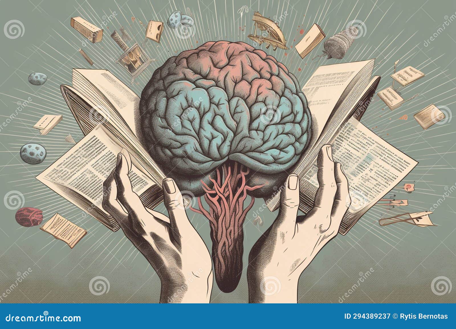 Collage Illustration of Human Hands Holding Book and Brains Full of ...