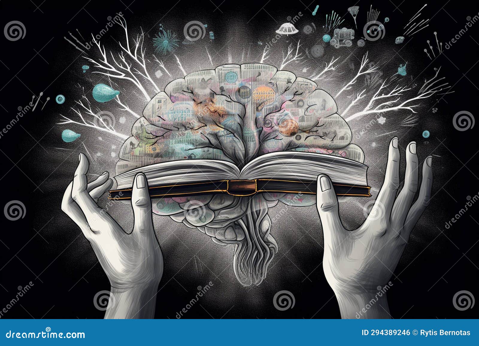 Collage Illustration of Human Hands Holding Book and Brains Full of ...