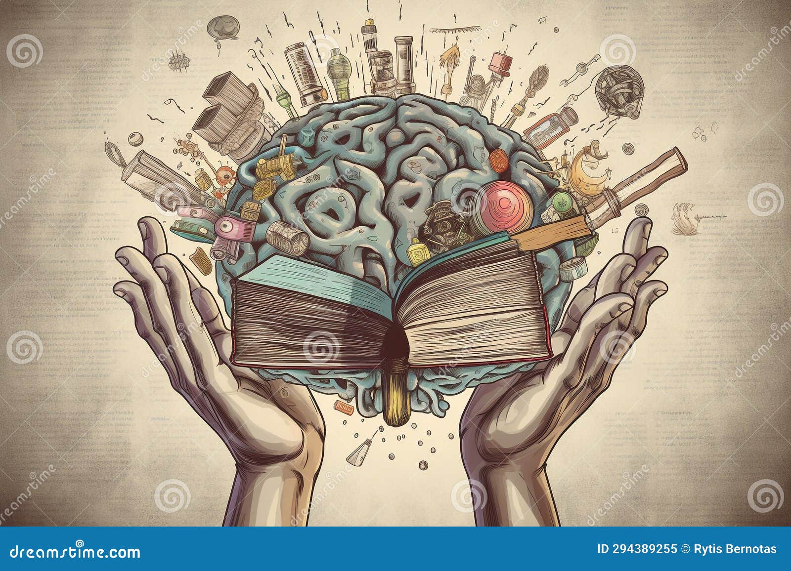 Collage Illustration of Human Hands Holding Book and Brains Full of ...
