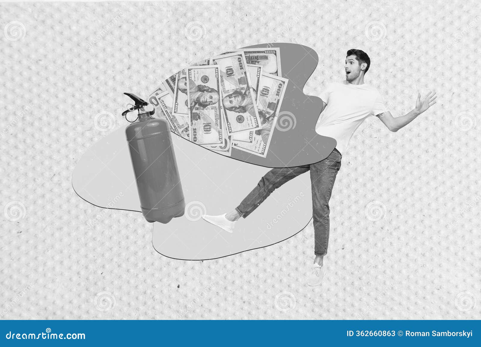Collage Illustration Template of Shocked Guy Fire Extinguisher Safe Security Fire with Billion ...