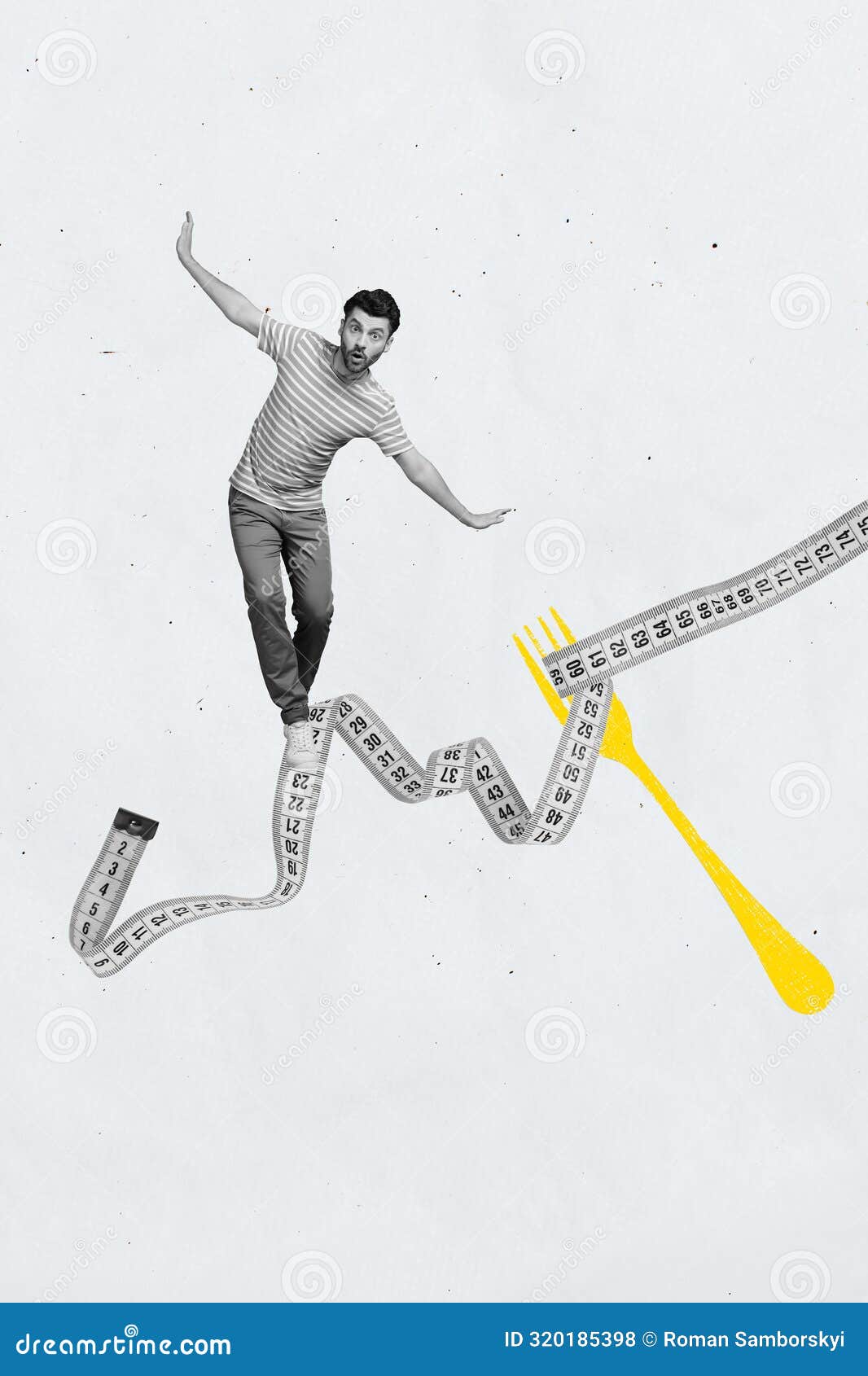 Collage Image Artwork of Concentrated Man Walking Balancing Measuring ...