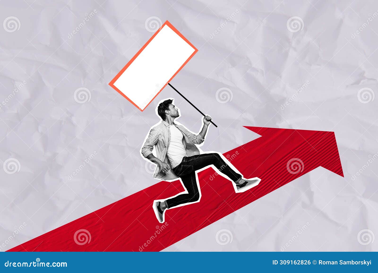 Collage Image Artwork of Confident Man Holding Stick Placard Empty ...