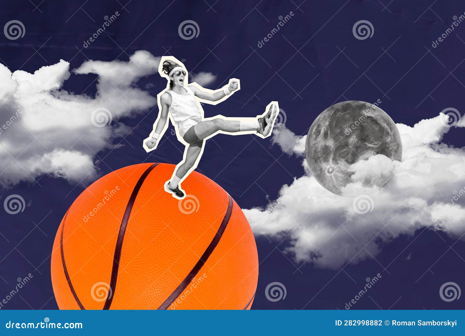 Collage Image of Black White Effect Mini Guy Big Basketball Full Moon ...