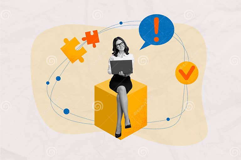 Collage Image 3d Artwork of Smiling Curious Lady Sitting Cube Thinking ...