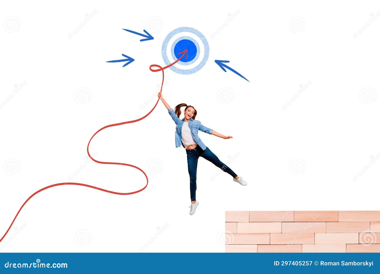 Collage Image of Excited Girl Arm Hold Hanging Arrow String Target Goal ...