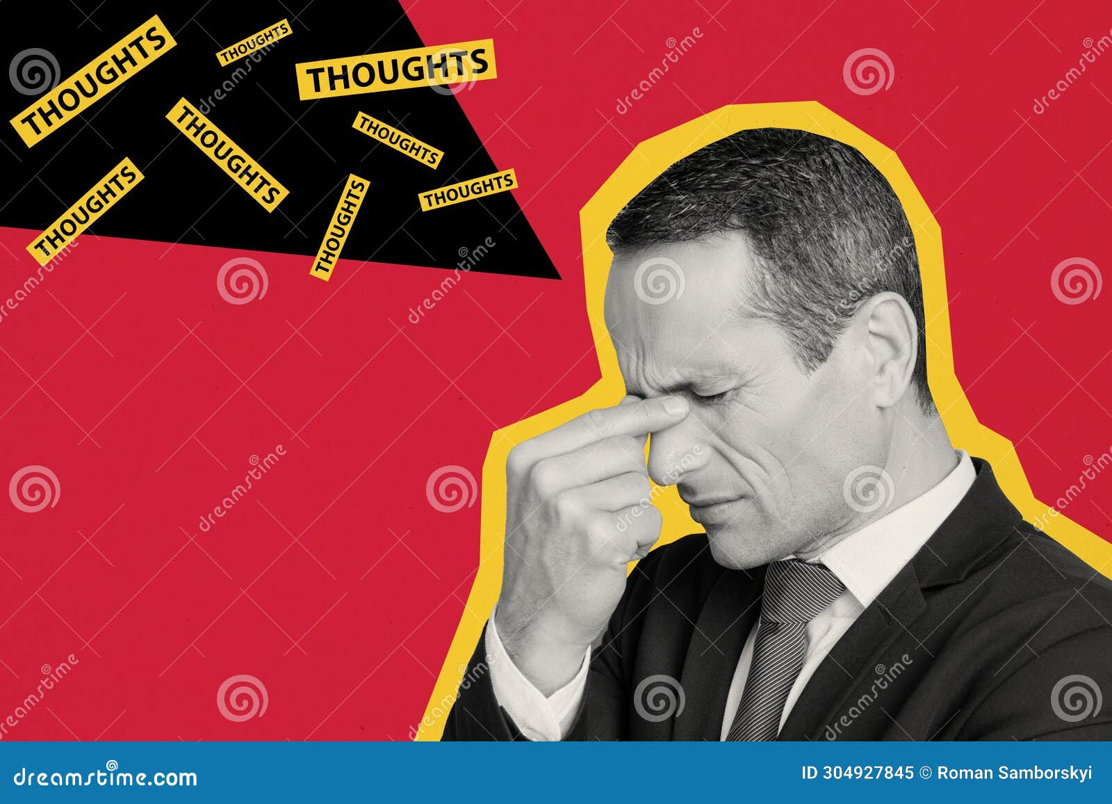 Collage Image of Minded Elegant Black White Effect Man Contemplate ...